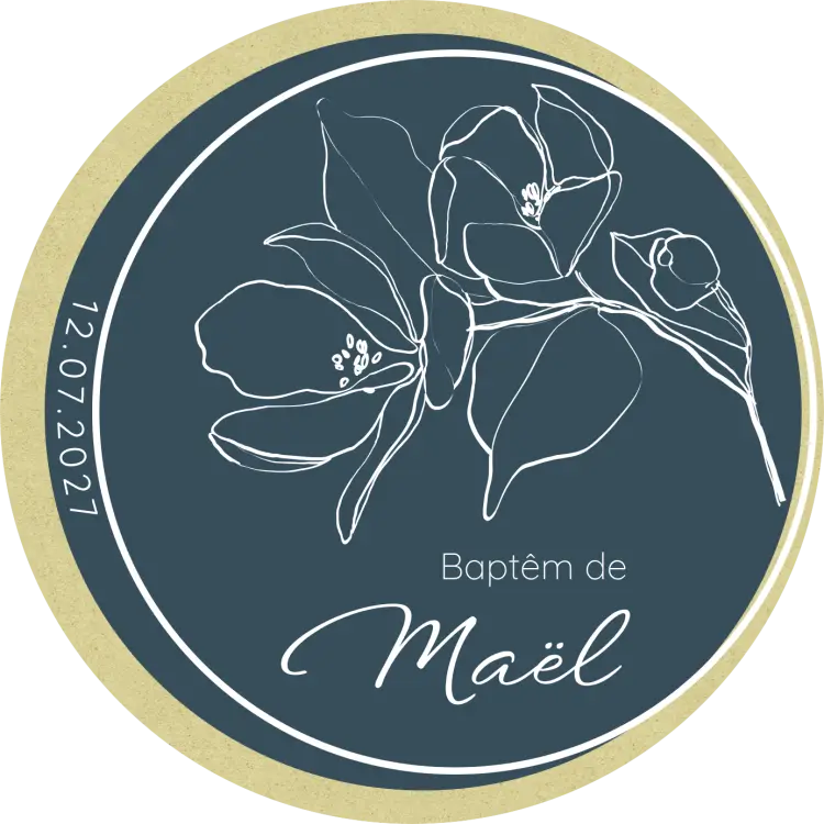 Personalized round baptism label for boys – Floral pattern, vegetable paper